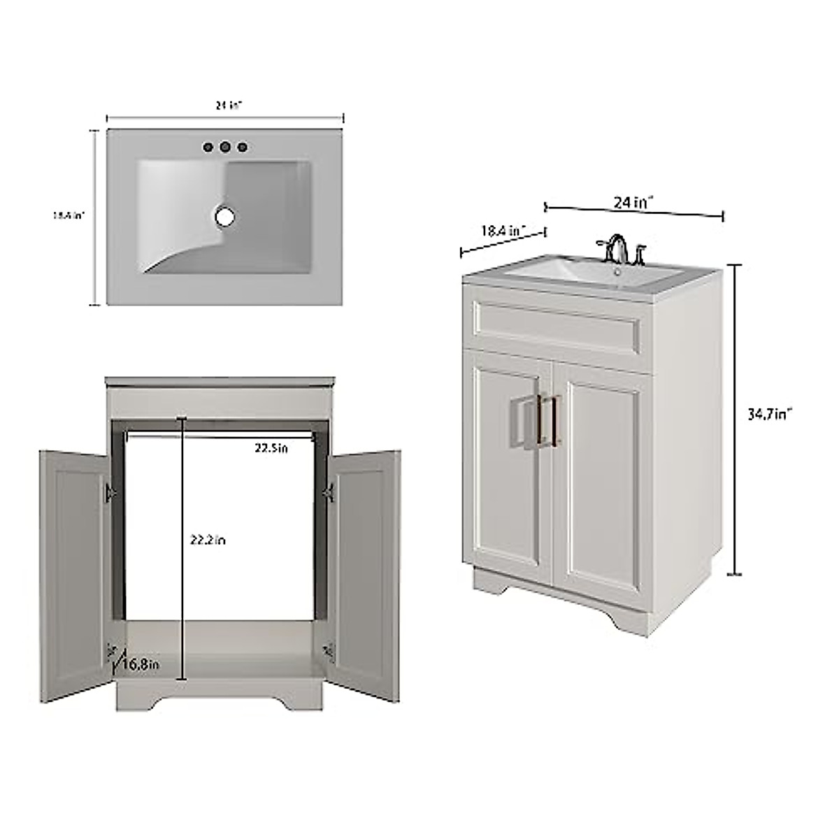 Bathroom Vanity with Sink 24 Inch, Wooden Double Door Bathroom Storage Vanity, Small Quick Assembly Bathroom Cabinet, White & Grey, White - Faucets and Downpipes Not Included (White)