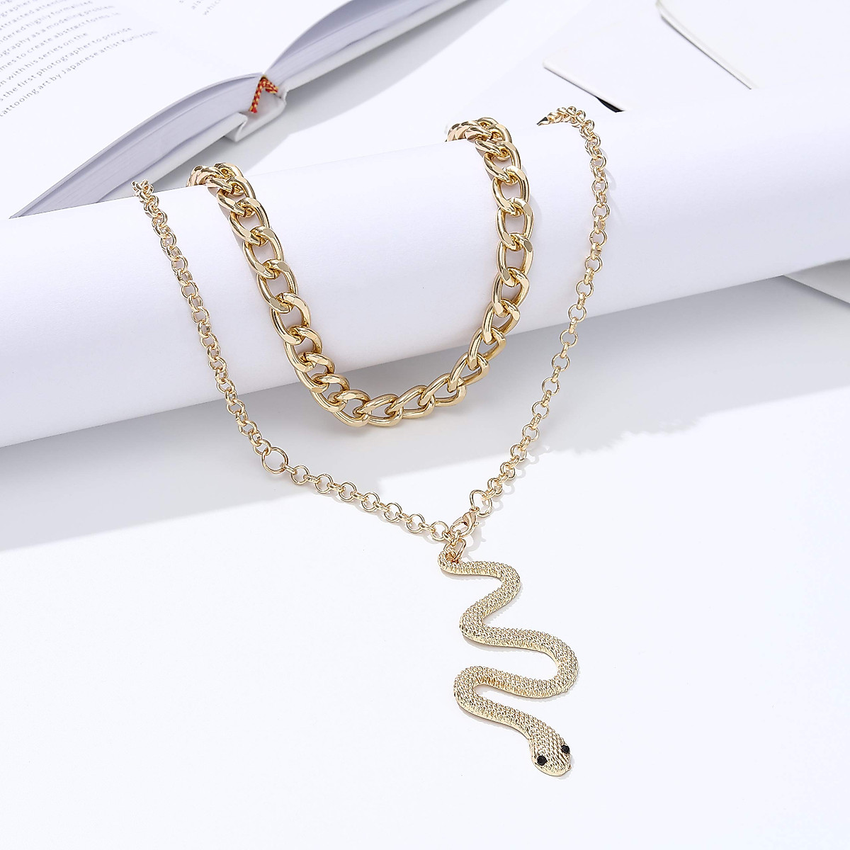 Sixexey Layered Snake Pendant Necklaces Gold Chunky Necklace Chain Jewelry for Women (A-Gold)