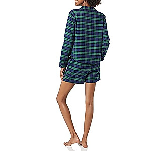 Amazon Essentials Women's Lightweight Woven Flannel Pajama Set with Shorts, Dark Green Navy Blackwatch Plaid, Small