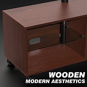 Rfiver Swivel Wood TV Stand on Wheels with Mount for 32-70 Inch Flat Screen TVs, Rolling Entertainment Center with 4-Shelf Storage for Media Console, Universal Floor TV Stand Cabinet for Home, Walnut