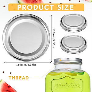 Uiifan 2 Pcs 304 Stainless Steel Replacement Mason Jar Lids Wide Mouth Canning Lids Rust Leakproof Lids Airtight Reusable Lids for Continuous Thread Closure Jar Summer Party(Silver, 110mm, 1 Gallon)
