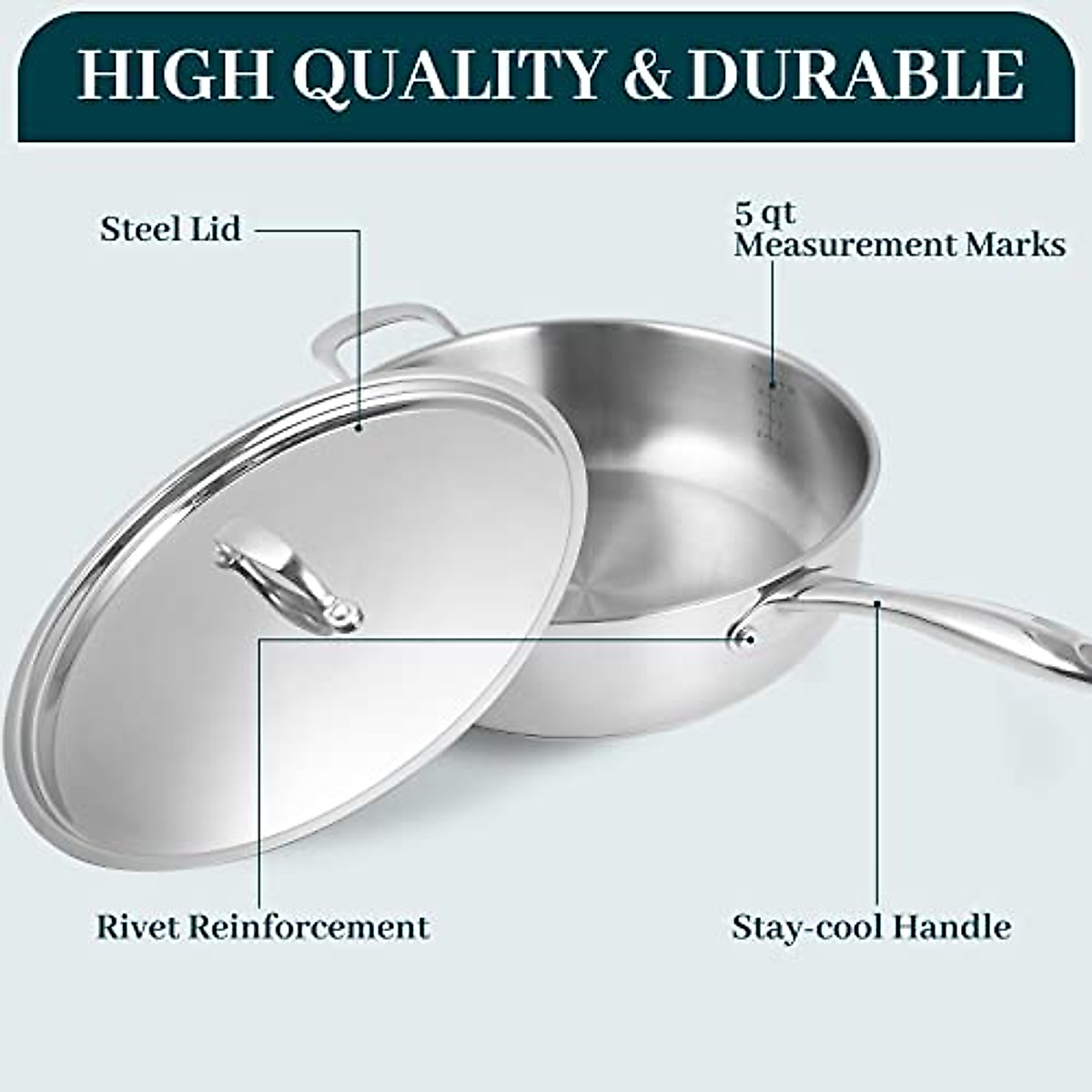 DELUXE 12 Inch Stainless Steel Skillet Frying Pan, Large Pan with Lid and Stay-Cool Handle, 5qt Deep Sauté Pans for Deep-Fry Braise Stew, Multipurpose Cooking Pot for Induction Gas Stove
