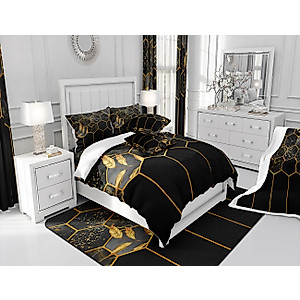 Marble Duvet Cover King, Black Grey Geometric Gold Plaid Bedding Set, Modern Luxury Diamond Comforter Cover with Metallic Stripe Printed Beehive Hexagon Grid Quilt Cover with Pillow Shams,Honeycomb