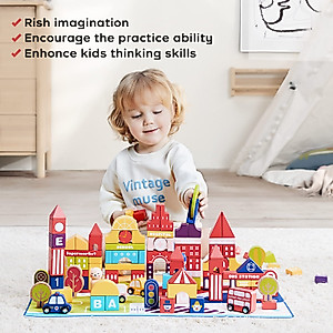 bc babycare 128 Pcs Wooden Building Blocks for Toddlers 1-3, Educational Wooden Toys with Block City,Preschool Learning Toys Wooden Building Blocks Set Educational Toys for Kids