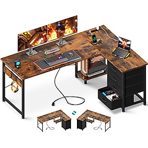 AODK L Shaped Desk with 4 Tier Drawers, 61" Reversible Gaming Desk with Power Outlets, L Shaped Computer Desk with USB Charging Port and Host Stand, Home Office Corner Desk, Easy to Assemble, Vintage