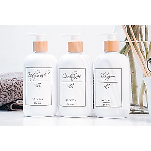 YS STORE Shampoo and Conditioner Dispenser - Refillable Bath Set of 3 16oz Bamboo Pump with Funnel White Containers for Body Wash, Waterproof label, clean and modern.