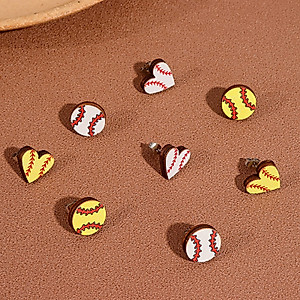 4 Pairs Baseball Earrings for Women Cute Football Earrings Wooden Baseball Stud Earrings Jewelry Fashion Ball Earrings for Womens（Set A）