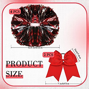 Hanaive 6 Pcs 13 Inch Cheerleading Pom Poms and Large Bows for Girl Cheer Poms Metallic Poms with Handle for Softball Dance(Red and Black)