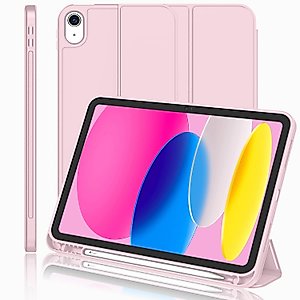 iMieet New iPad 10th Generation Case 2022 10.9 Inch with Pencil Holder, Trifold Stand Smart Case with Soft TPU Back,Auto Wake/Sleep(Pink)