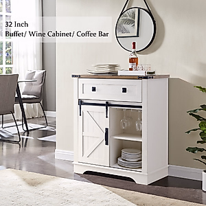OKD Farmhouse Coffee Bar, 32 Inch Buffet Sideboard with Sliding Barn Door, Drawer, Adjustable Storage Shelves, Wood Accent Floor Cupboard Cabinet for Kitchen, Dining Room, Living Room, Antique White