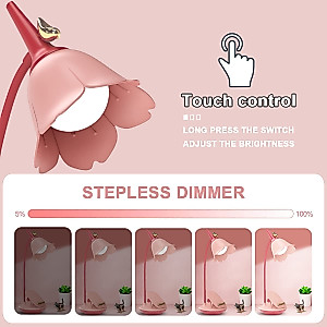 KoudHug Pink Desk Lamp with Clamp, Rechargeable LED Small Desk Lamp, Adjustable Gooseneck, Dimmable Cute Desk Lamp for Kids Girls Bedroom Dorm Office