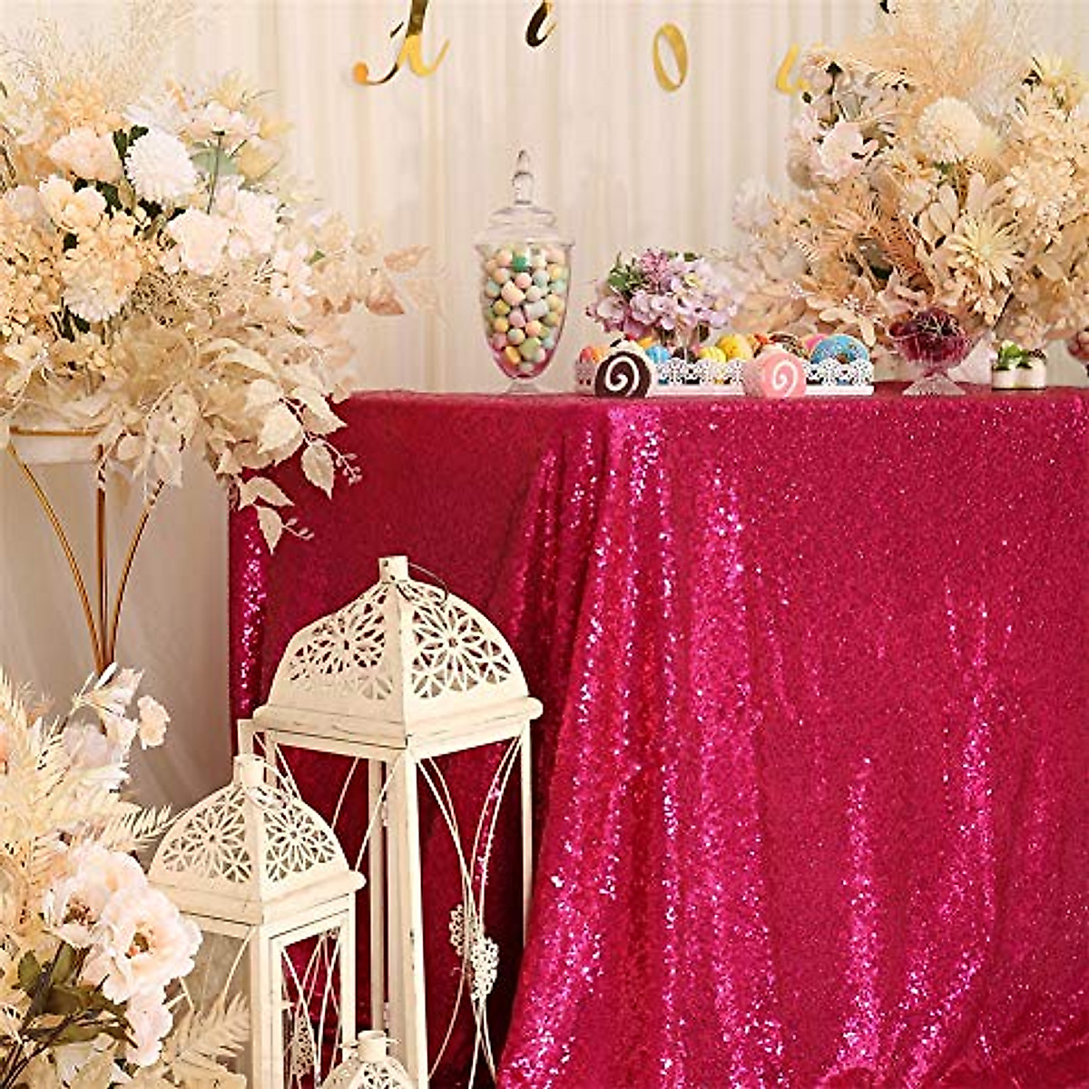 Eternal Beauty Sequin Tablecloth, 60x102 Rectangle Sequin Tablecloth for Party Cake Dessert Table Exhibition Events,Hot Pink