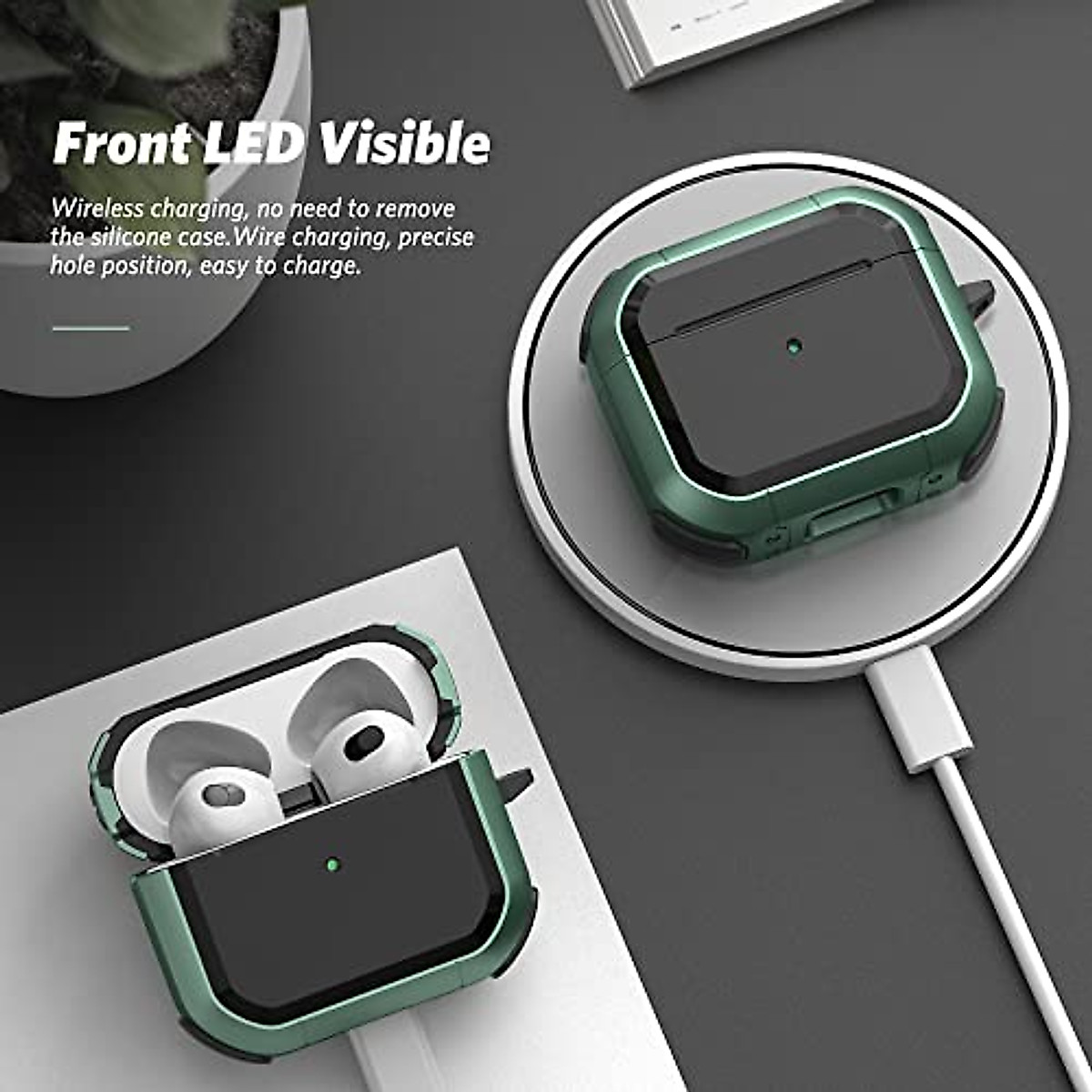 SURPHY Armor Case Designed for AirPods 3 Case (2021), Rugged Protective Case with Keychain for Airpods 3rd Generation (Front LED Visible), Green