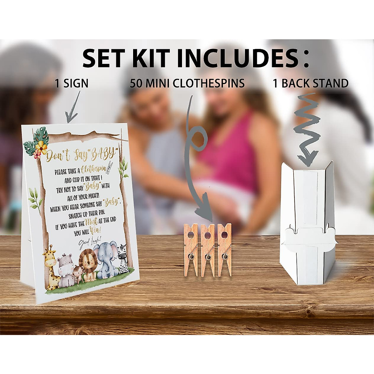 Don't Say Baby Baby Shower Game, Don't Say Baby Sign(Sign 8x10 Inch), Safari, 1 Standing Sign + 50 Clothespins(ds33)