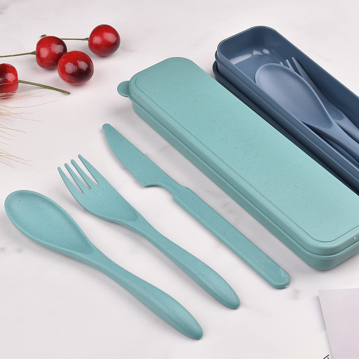 2 Sets Reusable Utensil Set with Case, Portable Camping Fork Knife Spoon Set, Wheat Straw Travel Utensils for Lunch Box, for School Work Lunch or Daily Use (Green, Blue)