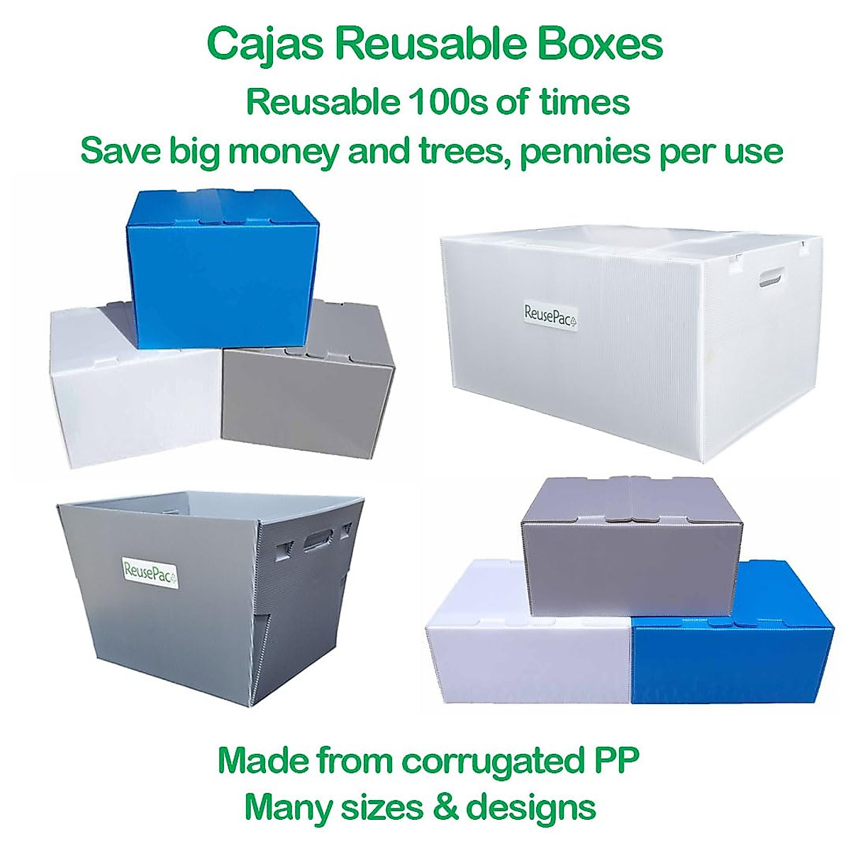 ReusePac Reusable Foldable Box Corrugated PP Lightweight, Storage Moving, Heavy Duty Stackable, Tape Free Self-Locking Lid for Business Home In/Outdoors (16x12x08 in, Gray 4 Pack)