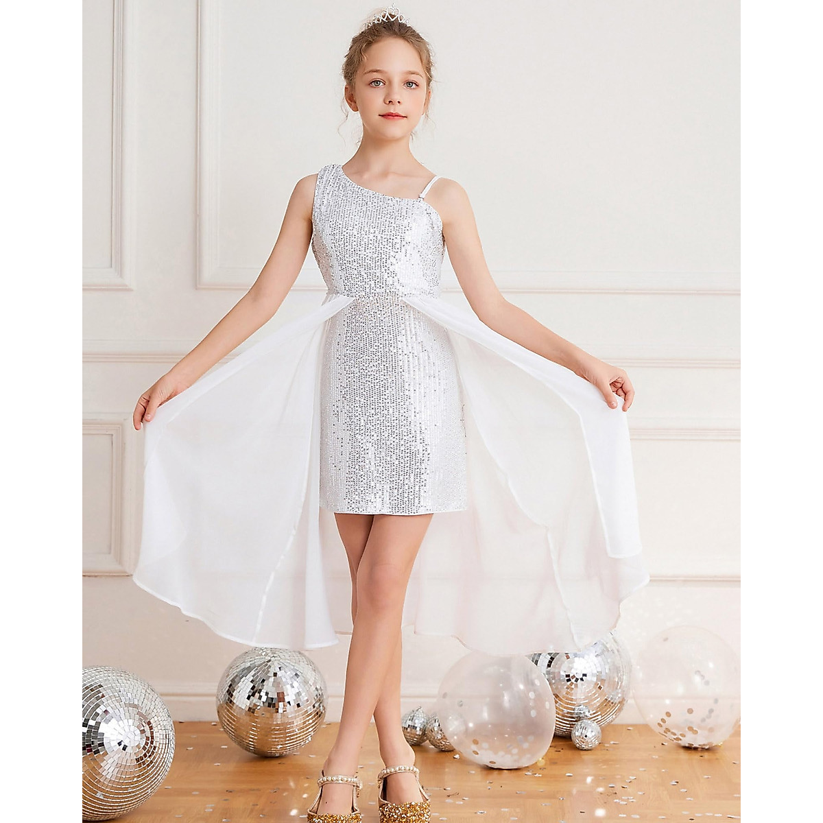 GRACE KARIN Girls Sequin Dress Sliver Pageant Dresses for Girls 6-7 Birthday Party Dresses