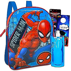 Marvel Spiderman Backpack for Kids - Bundle with Spiderman Backpack, Water Pouch, Spiderman Stickers and More (Superhero Backpacks for Boys)