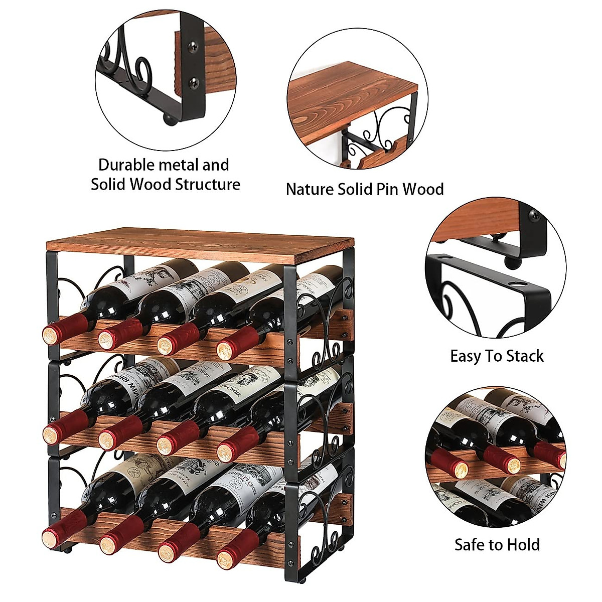 Countertop Wine Rack, 12 Bottle Wine Holder Stand for Table with Top Storage Shelf/Natural Solid Wood and Metal Structure, 3 Tier Stackable Wine Racks for Cabinet Home Kitchen Bar Hotel Restaurant