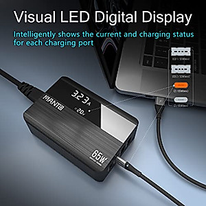 USB C Charger, MANTO 65W USB C Charger with LED Display, Super Fast Charger with Dual USB C+ Dual USB A, PPS USB C Charging Station Compatible with MacBook Pro/Air, Laptops, iPad, iPhone and More