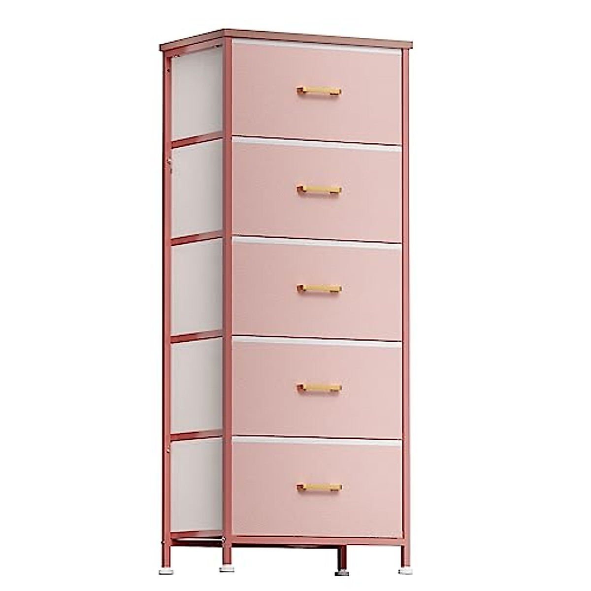 YILQQPER Dresser for Bedroom with 5 Drawers, Tall Storage Tower for Closet, Living Room, Nursery, Pink Dresser for Girl with Sturdy Steel Frame, Fabric Bins, Leather Finish, Wood Top, Pink