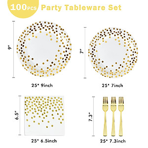 CENLBJ White and Gold Party Supplies,Disposable Party Dinnerware,Golden Dot Paper Plates,Napkins,Forks for Wedding,Birthday,Cocktail Party,Anniversaries,Engagements Serve 25