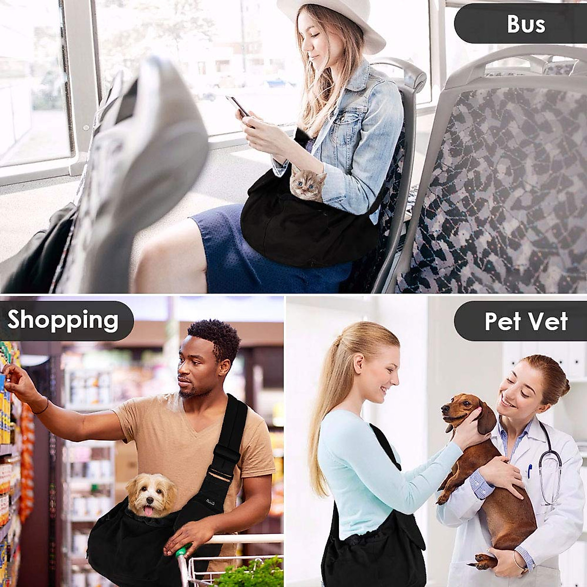 SlowTon Dog Carrier Sling - Hard Bottom Support Dog Carriers for Small Dogs with Adjustable Padded Shoudler Strap, Dog Purse for Puppy Cat Pet with Drawstring Opening Storage Zipper Pockets (Black)