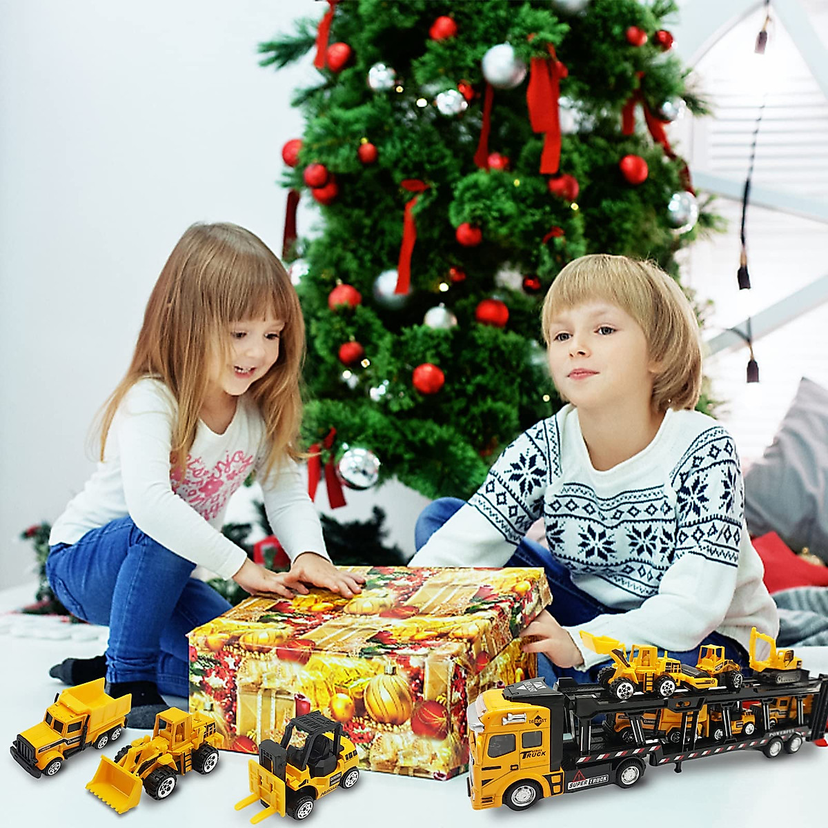 OTONOPI Construction Truck Toy Die-cast Play Vehicle Set with 6pcs Mini Crane Mixer Dump Excavator Car