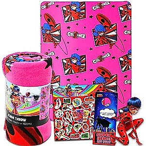 Zagtoon Miraculous Ladybug Fleece Blanket Set - Miraculous Ladybug Fleece Throw Bundle with Stickers and More for Kids Toddlers Children (Miraculous Ladybug Blanket) 45” x 60”, Full