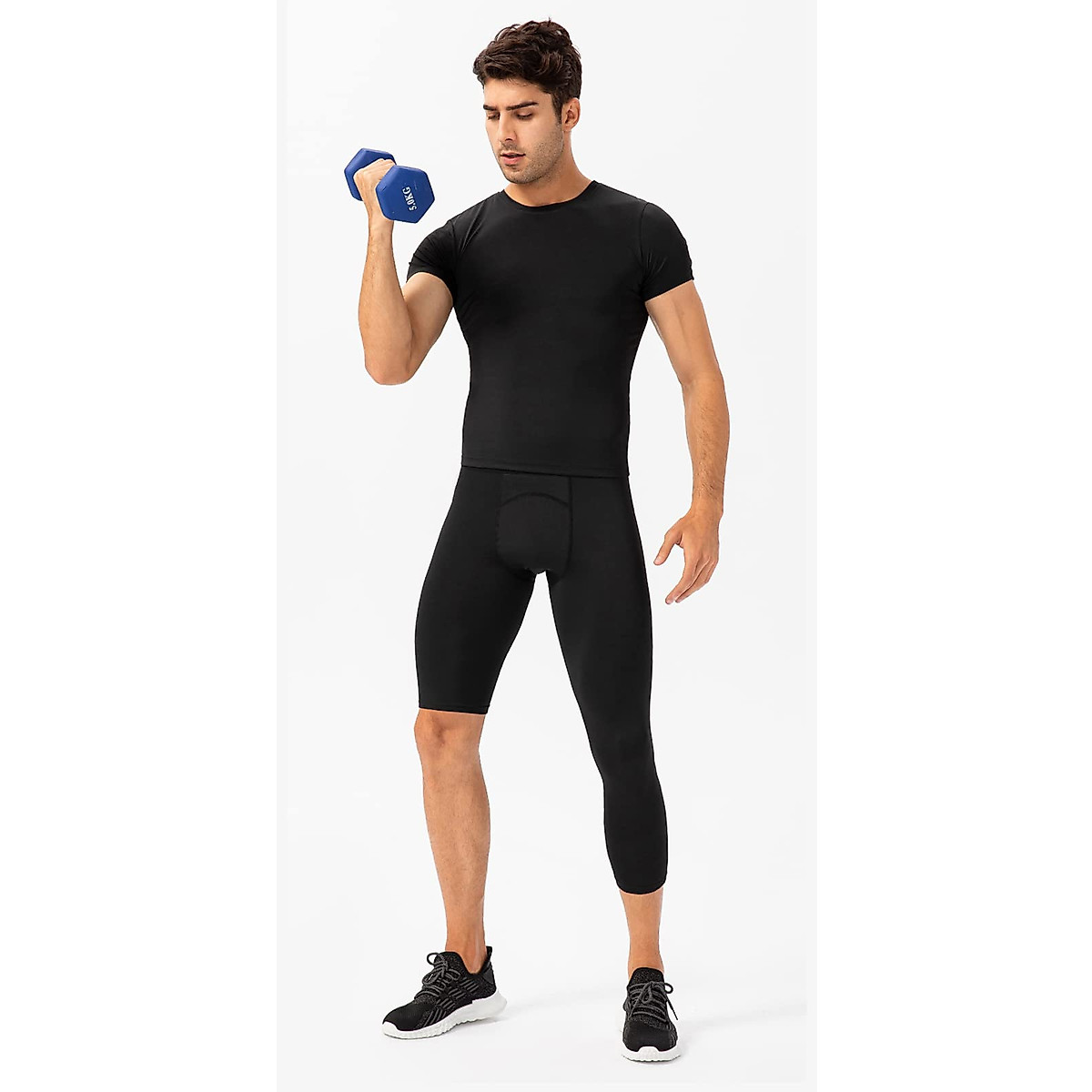 Men’s Compression Pants One Leg 3/4 Capri Tights Leggings and Arm Sleeve for Gym Running Basketball(B R Small)