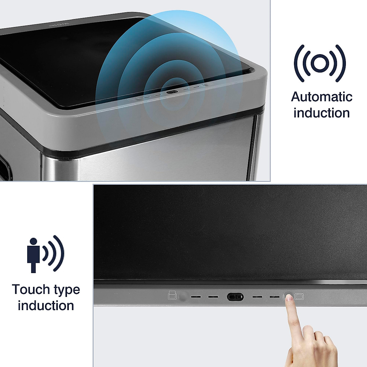 HUG&FKL 16 Gal Assembly Touchless Motion Sensor Rectangular Trash Can with Lid, Lithium Battery Powered, Brushed Stainless Steel, Ideal for Kitchen, Office, Living Room