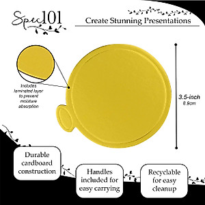 Spec101 Mini Round Cake Boards Bulk 100pk - 3.5 Inch Cake Drum Round Gold Cardboard Base Plates for Individual Serving