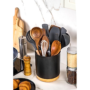 Nucookery 360°Rotating Utensil Holder, 7.2" Kitchen Utensil Crock, Ceramic Cooking Utensil Organizer with Countertop-Protection Cork Bottom for Farmhouse Kitchen Decor Christmas (Stone Black)