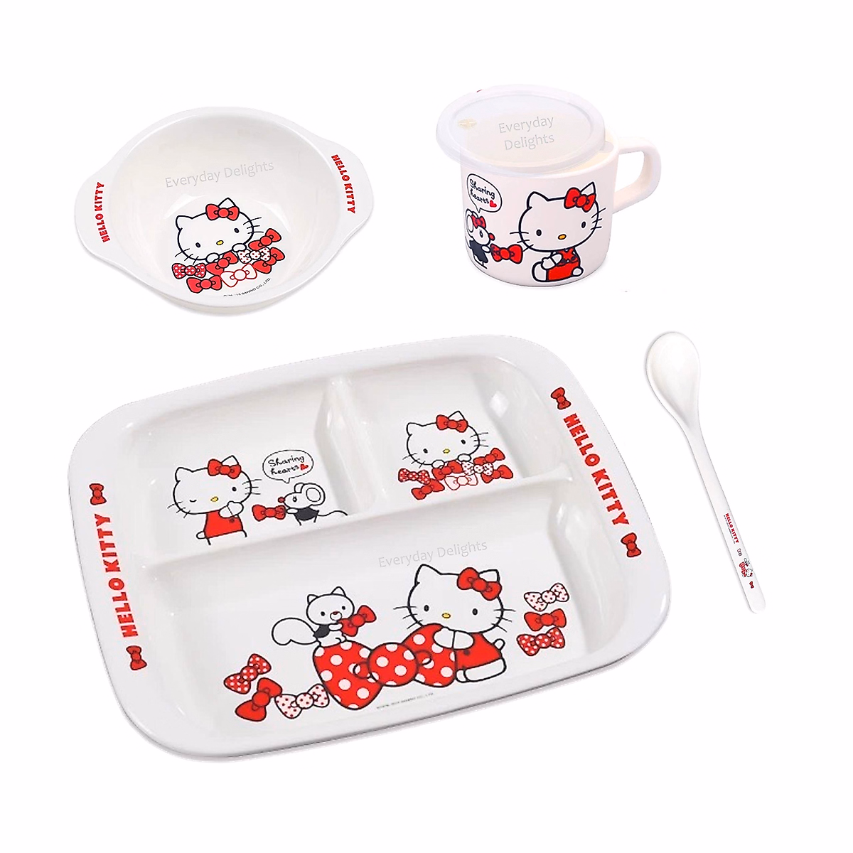 Everyday Delights Hello Kitty Red Dinnerware Flatware Meal Set – Plate Bowl Cup Spoon, 4 pieces