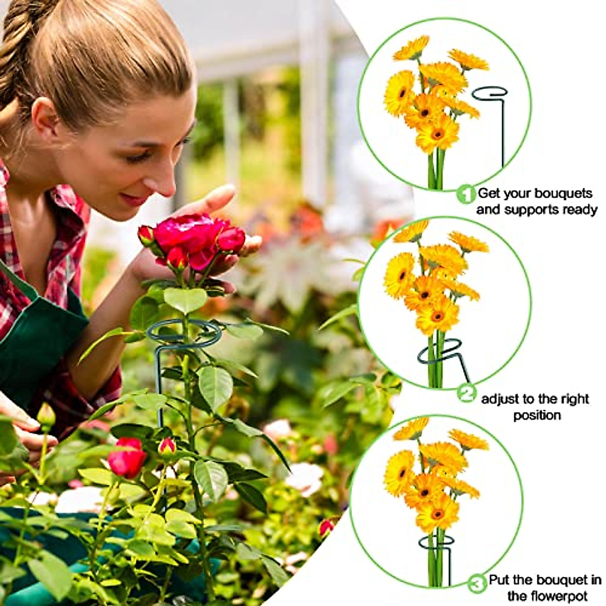 HiGift 10 Pack 17 inches Plant Support Plant Stakes with 20 Pcs Plant Clips, Metal Garden Single Stem Flower Support Stick Plant Cage Support Ring for Amaryllis Orchid Peony Rose Tomato