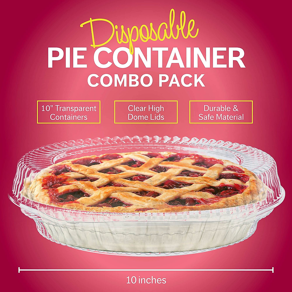 Supellectilem 10" Plastic Disposable Pie Containers with Hinged Locking Lids | 10 Round Pie Keepers/Flan Cake Containers for Transport