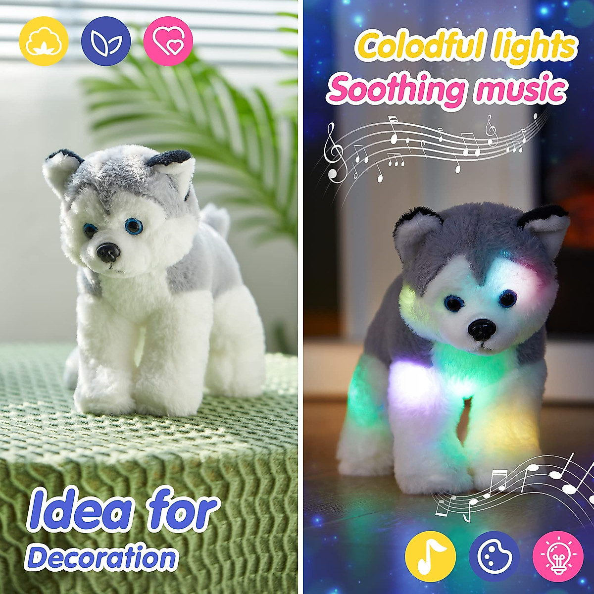 BSTAOFY 12’’ Musical Light up Husky Puppy Stuffed Animal Realistic LED Singing Dog Soft Plush Toy with Night Lights Glow in The Dark Birthday Valentines Christmas for Toddler Kids