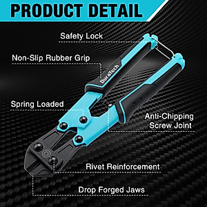 DURATECH 8-inch Mini Bolt Cutter with Bi-Material Ergonomic Handle Grip, Security Lock, Chrome Vanadium Steel Blade for Wire, Cables, Chains, Small Screws