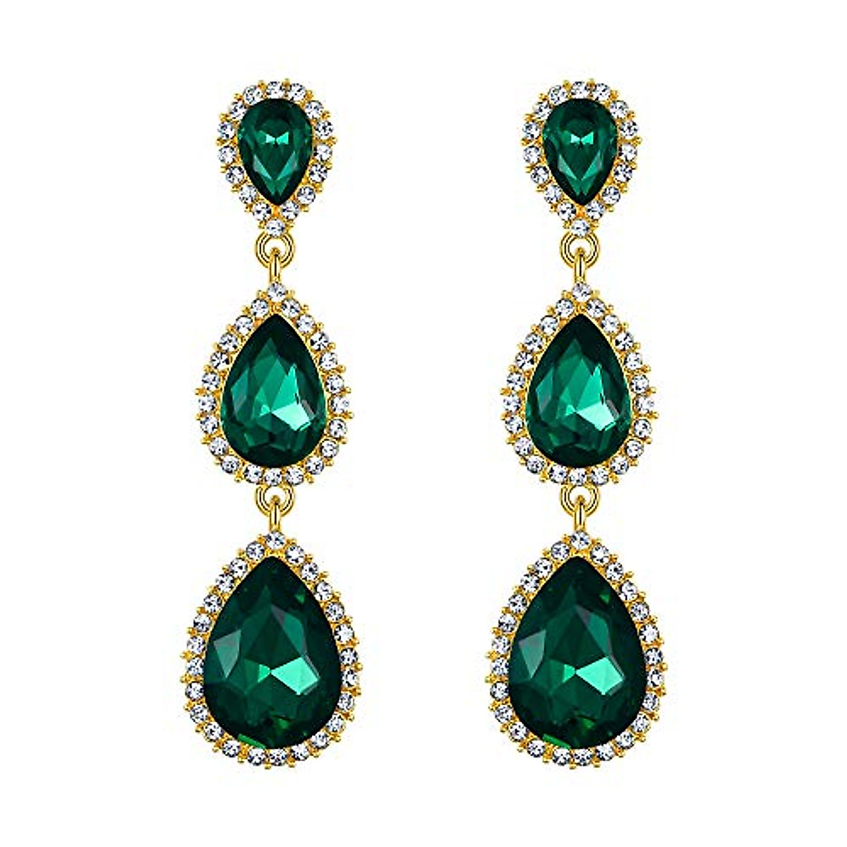 EleQueen Women's Gold-tone Austrian Crystal Teardrop Pear Shape 2.5 Inch Long Dangle Earrings Emerald Color