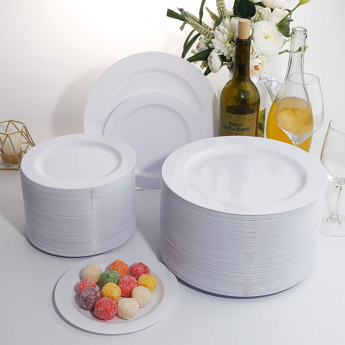 I00000 50Pcs White Plastic Dinner Plates 10.25 Inch, Premium Disposable Party Plates, Safe and Reusable, Heavy Duty Plastic Plates Perfect for Wedding & Party