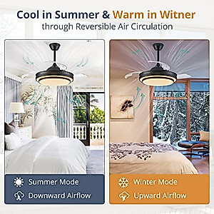 LEDIARY 42 Inch Retractable Ceiling Fans with Lights and Remote, Bladeless Ceiling Fans with LED Lighting, Smart Modern Ceiling Fan, Stepless Color Changeable, Dimmable, Timer Setting - Black