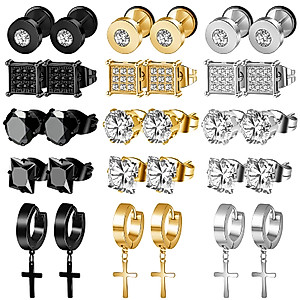 ONESING 15 Pairs Stainless Steel Earrings for Men Inlaid stud Cross Dangle Hinged CZ Earrings Stud Hypoallergenic Earrings Huggie Earrings Set for Women Men Ear Piercing Jewelry Black Steel Gold