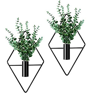 Jexine 2 Pcs Hanging Planters with Artificial Plants Metal Hanging Vase Indoor Plants Holder Modern Geometric Wall Decor for Living Room Home Office (Black, Eucalyptus)