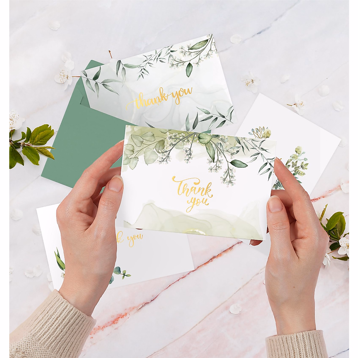 24 Pack Gold Foil Greenery Thank You Cards with Self-adhesive Envelopes, 4"x6" Boxed Watercolor Thank You Note Cards for Bridal Shower, Wedding or Baby Shower, 24 Unique Designs