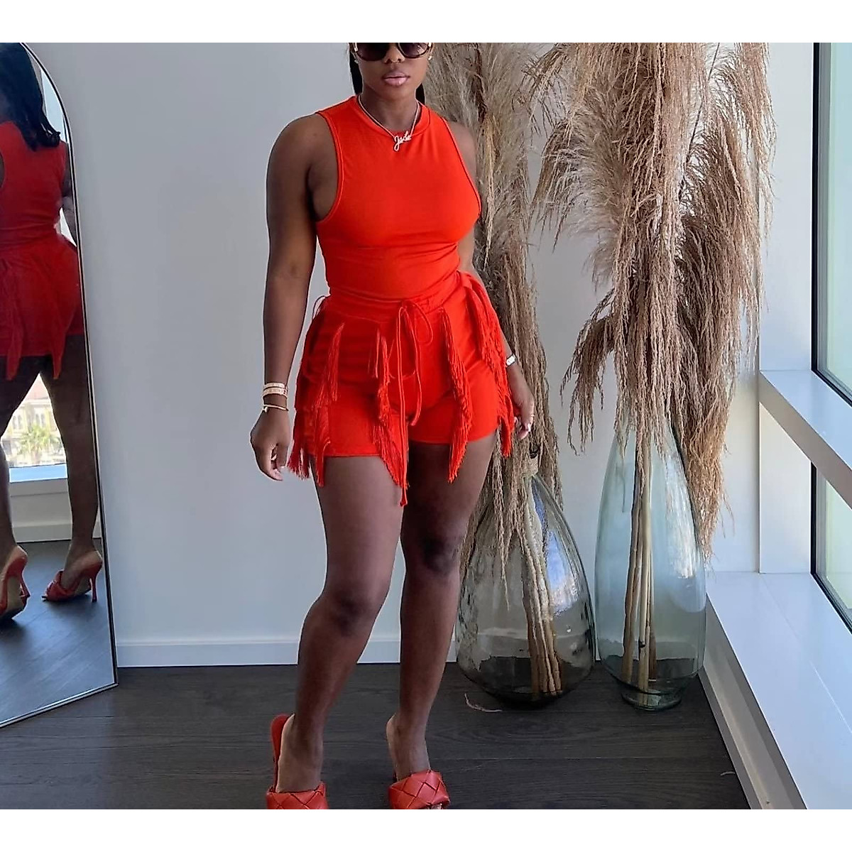 Annystore Fringe Tassel Shorts Sets Women 2 Piece Outfits - Sexy Sleeveless Tank Tops High Waisted Bodycon Shorts Jumpsuits Workout Sets Party Vacation Outfits Clubwear Orange, XL