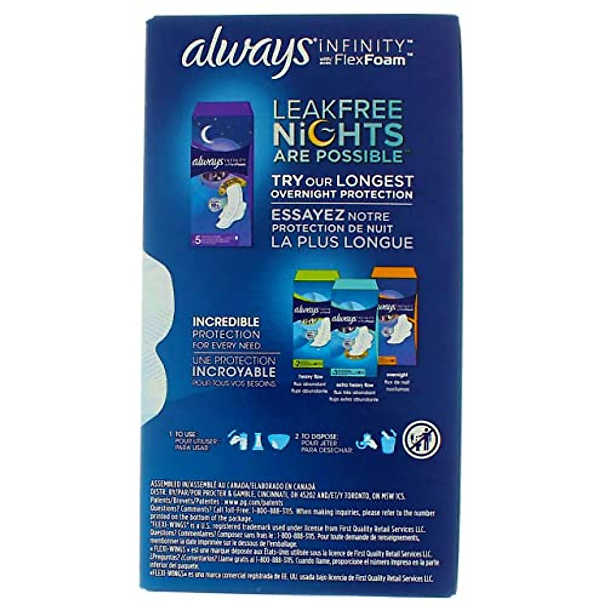 Always Infinity FlexFoam Pads for Women, Size 4, Overnight Absorbency, Unscented, 26 Count