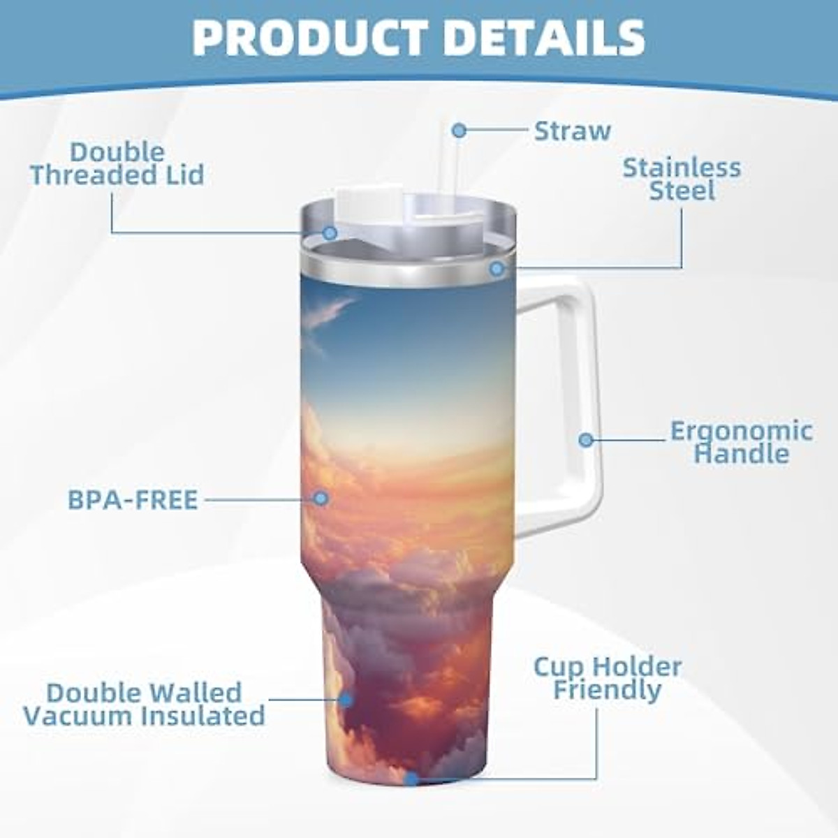 HULIBIN Beautiful Clouds Print Double Deck Stainless Steel Travel Coffee Cup With Lid 40 Oz Ice Bully Cup