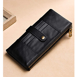 KELEEL Womens RFID Wallets Slim Cow Leather Large Capacity Bifold Purse Multi Card Case Wallet with Dual Zipper Pockets (Black)