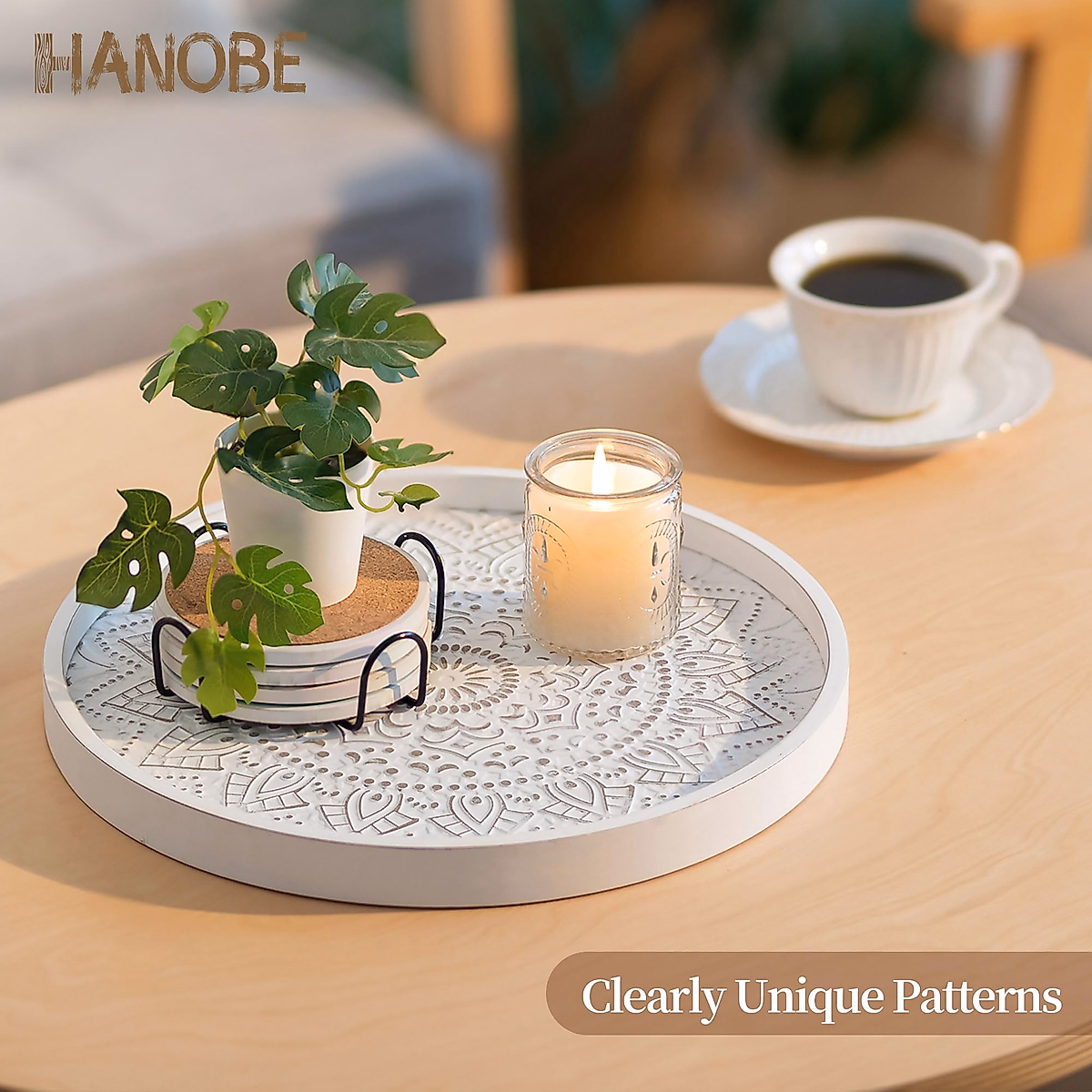 Hanobe Decorative Coffee Table Tray: Round Wood Trays for Boho Home Decor White Farmhouse Rustic Centerpiece for Living Dining Room Ottoman Kitchen Counter 12 Inch