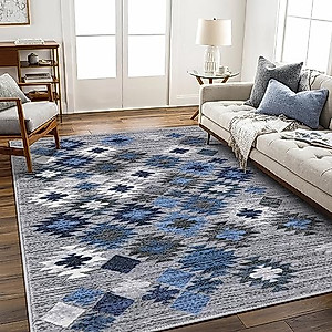Seavish Washable Area Rugs 5x7 Grey/Blue Farmhouse Rugs for Living Room Soft Retro Distressed Dining Room Rug Non-Slip Easy-Cleaning Indoor Carpet Floor Decoration for Entryway Office Room